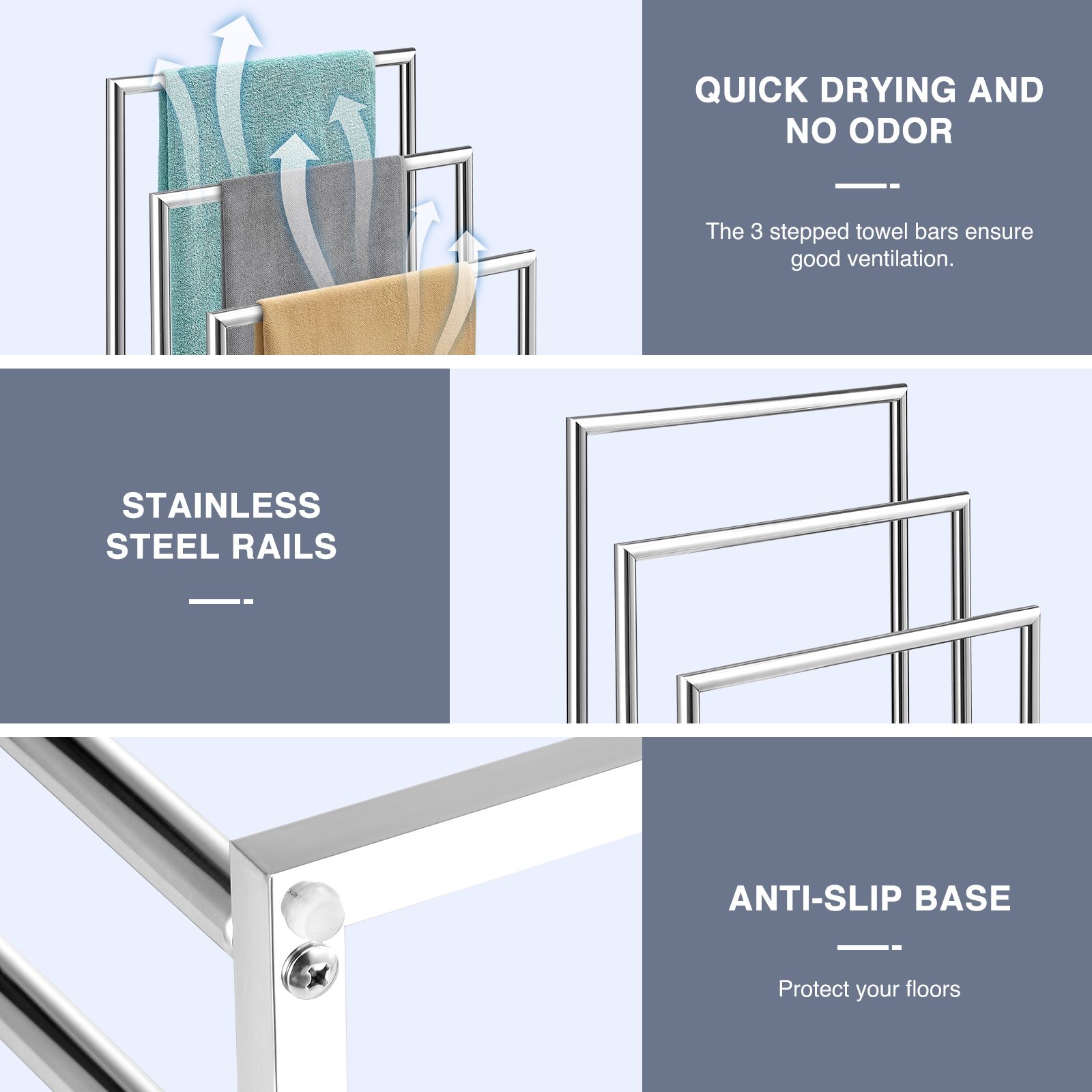 3 Tier Towel Rail Drying Rack Free Standing Stainless Steel Washcloth ...