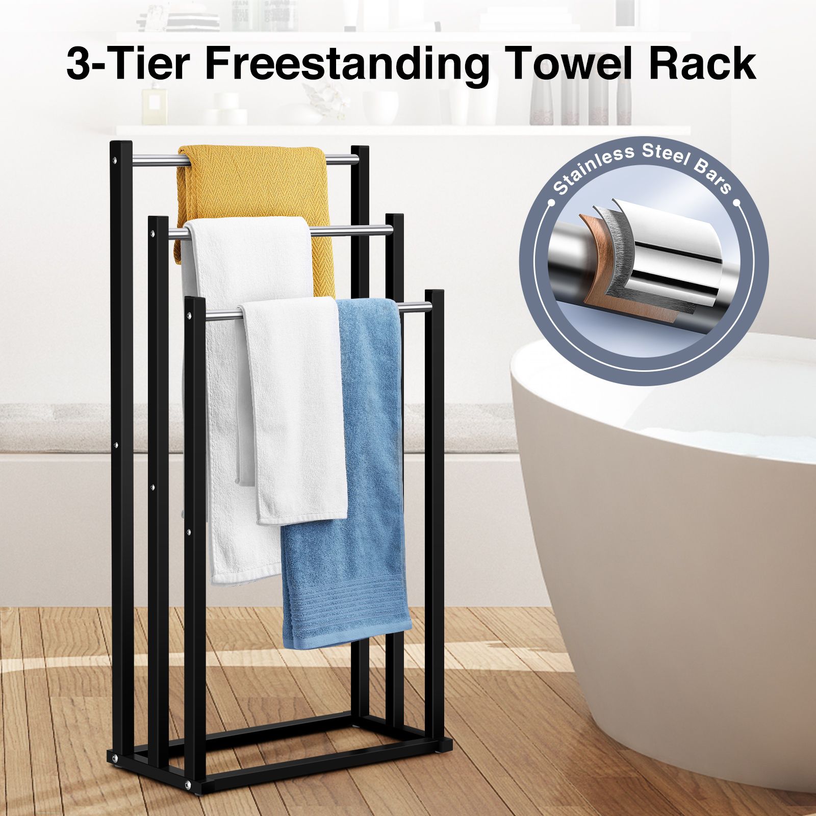 3 Tier Towel Rail Free Standing Washcloth Drying Rack Holder Stand ...