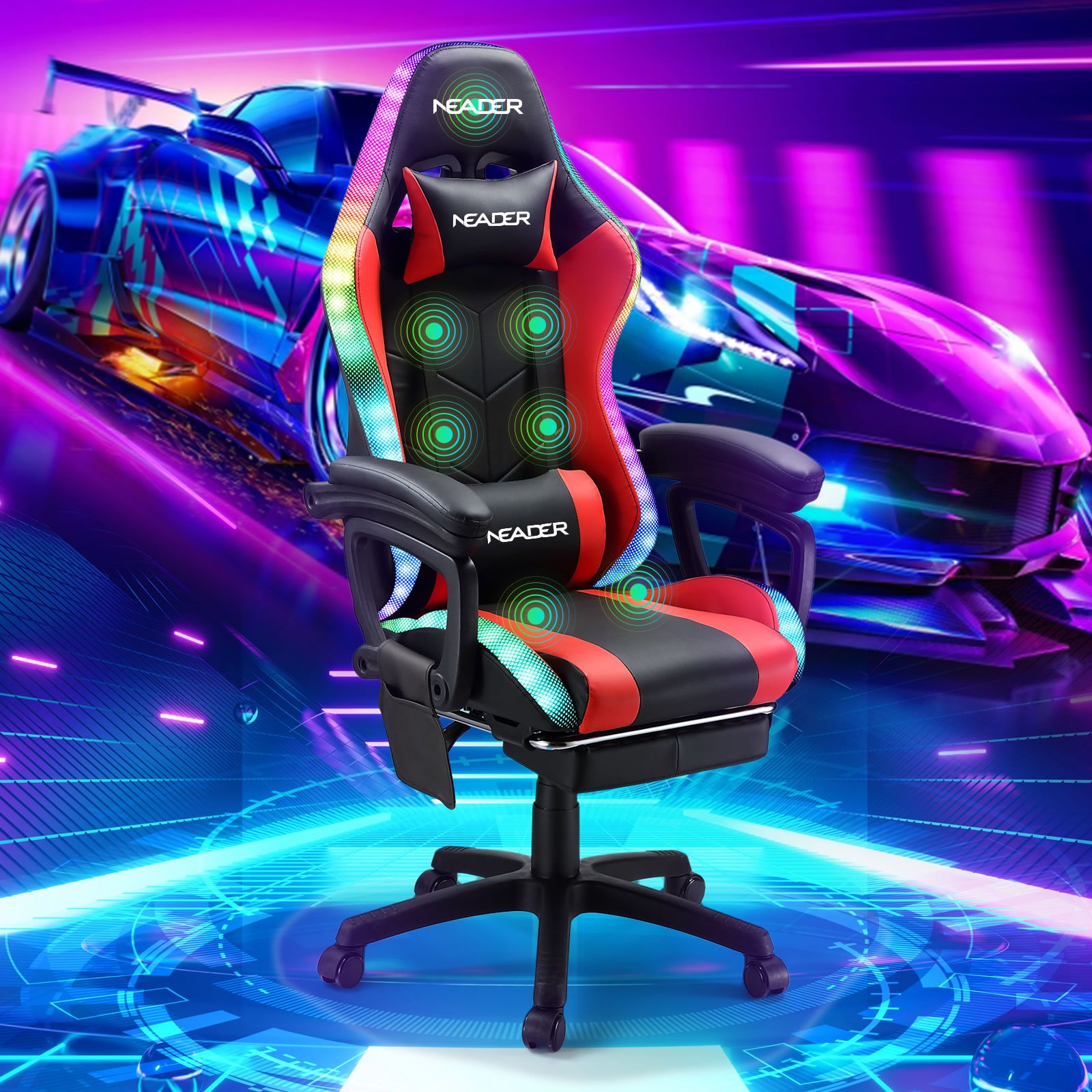 RGB LED Gaming Chair Home Office Massage Computer Racing Desk Executive ...
