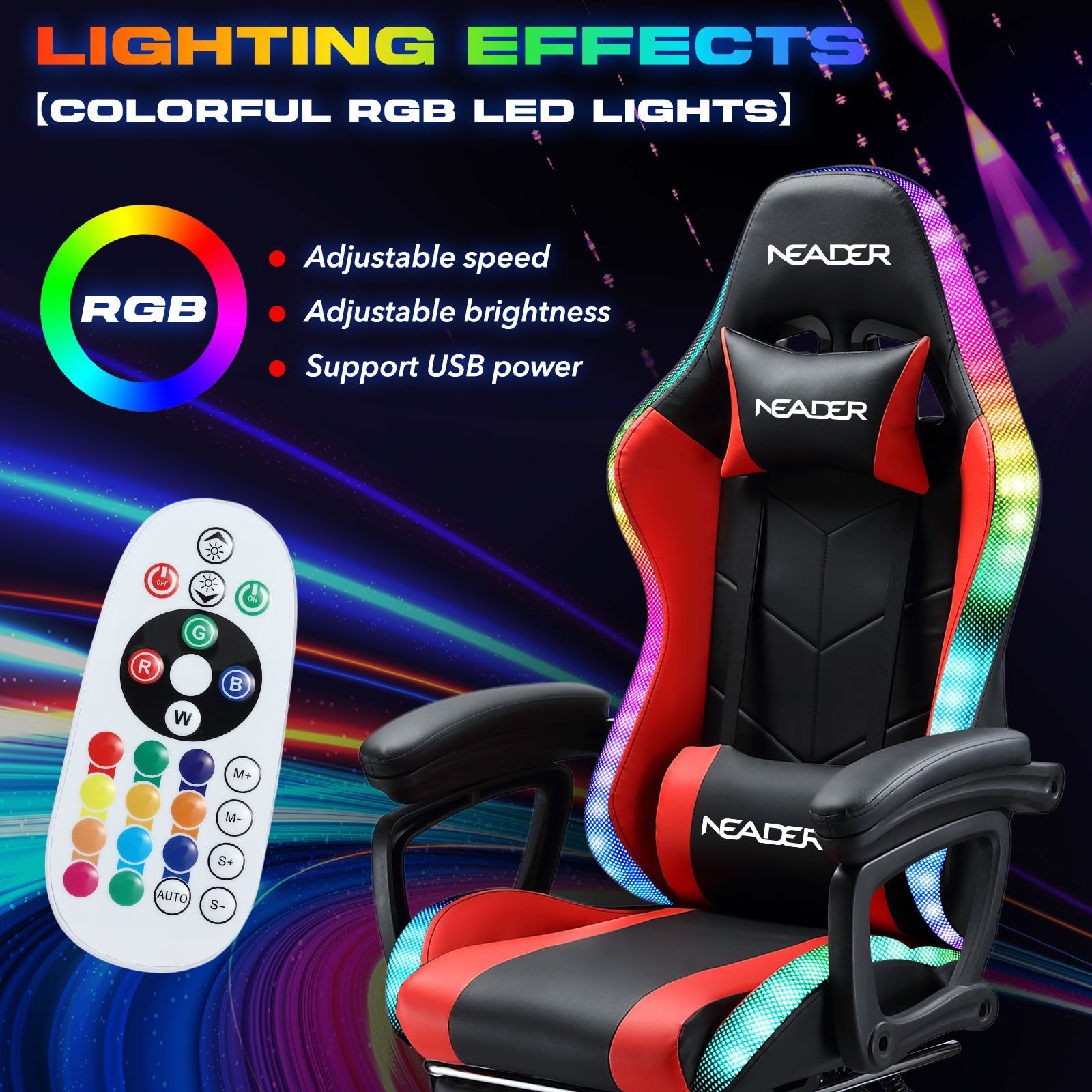 RGB LED Gaming Chair Home Office Massage Computer Racing Desk Executive ...