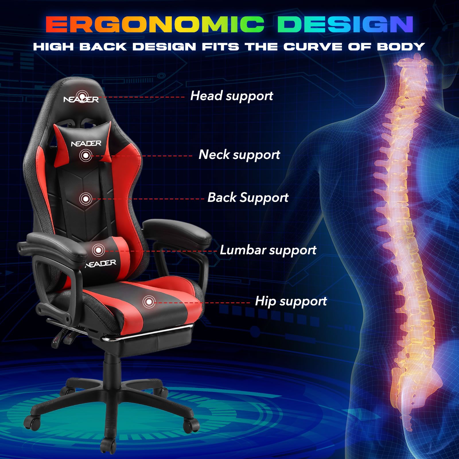 RGB LED Gaming Chair Home Office Massage Computer Racing Desk Executive ...