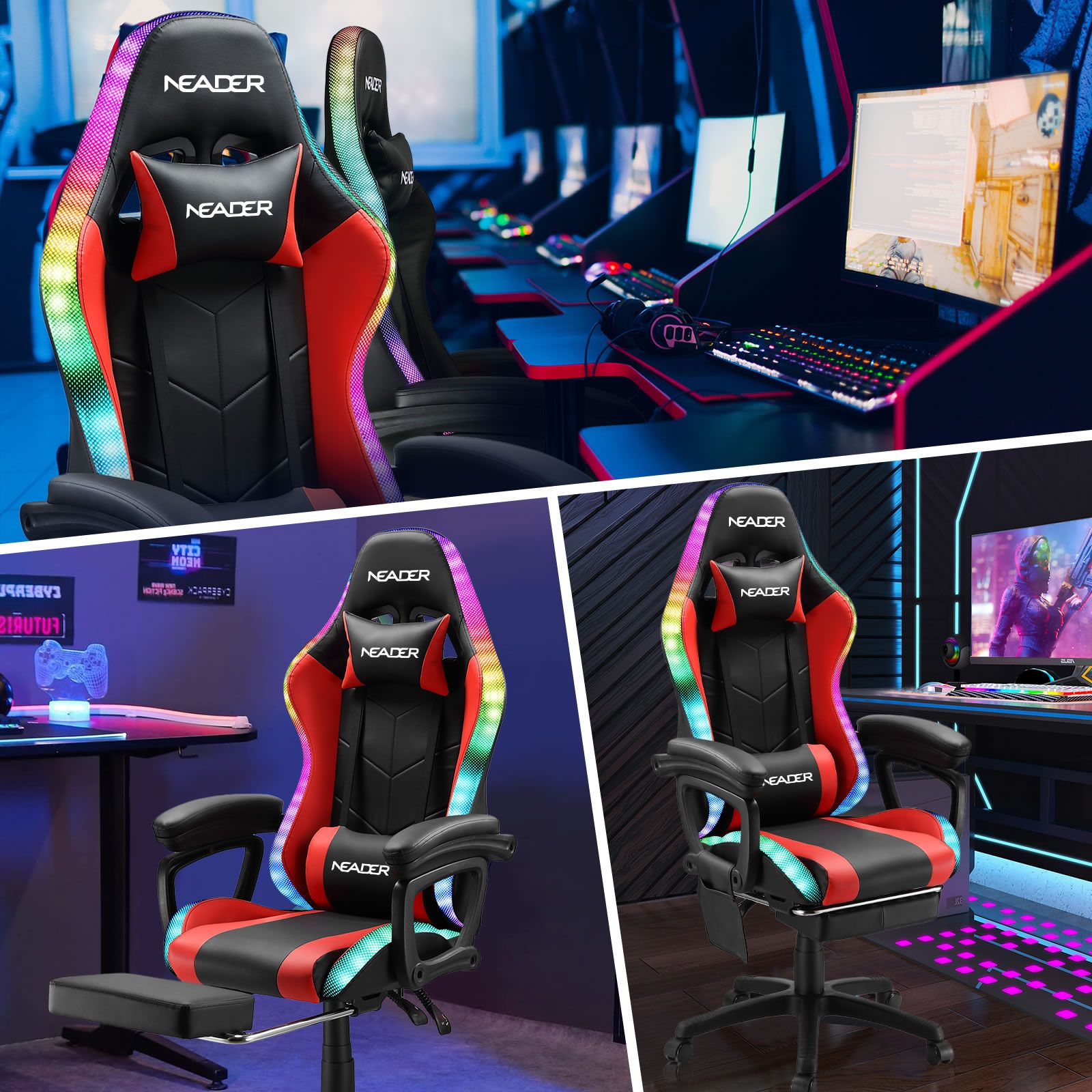 RGB LED Gaming Chair Home Office Massage Computer Racing Desk Executive ...