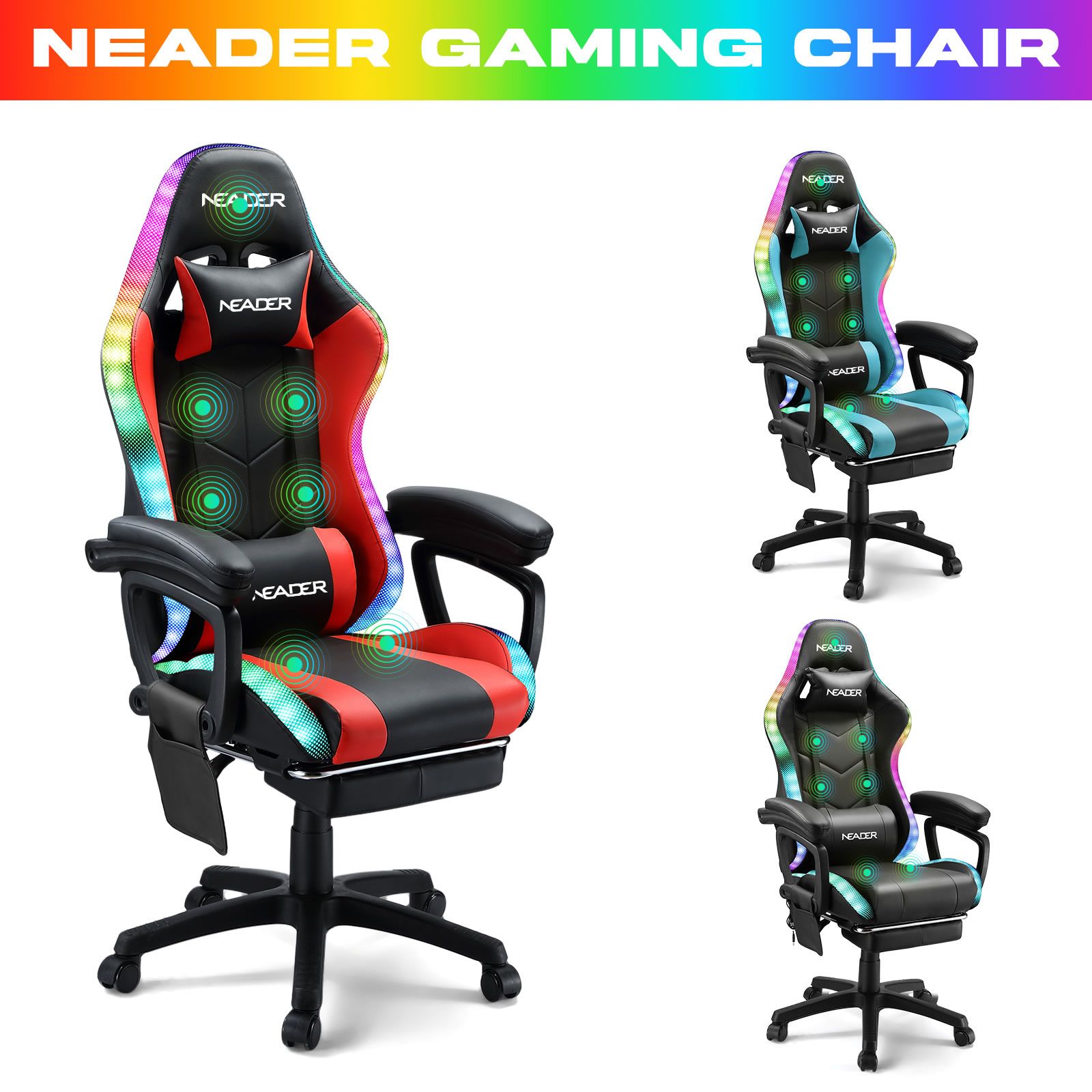RGB LED Gaming Chair Home Office Massage Computer Racing Desk Executive ...