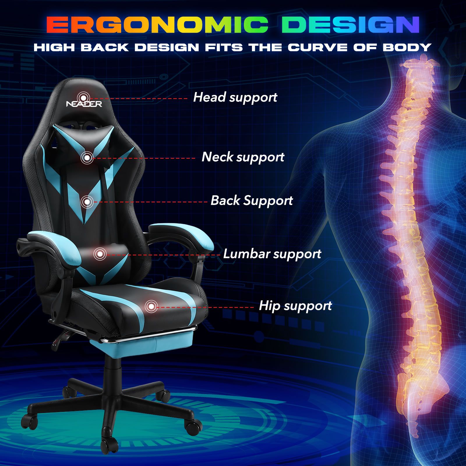 RGB LED Gaming Chair Home Office Computer Racing Desk Massage Seat ...