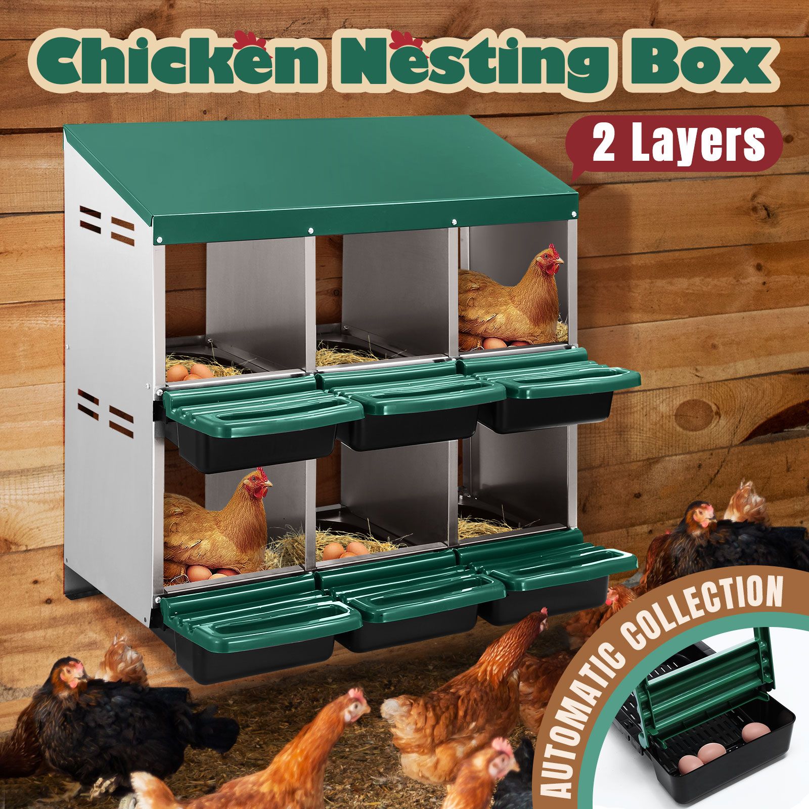 2 Layer 6 Hole Chicken Nesting Box Roll Away Hen Laying Boxes House ...