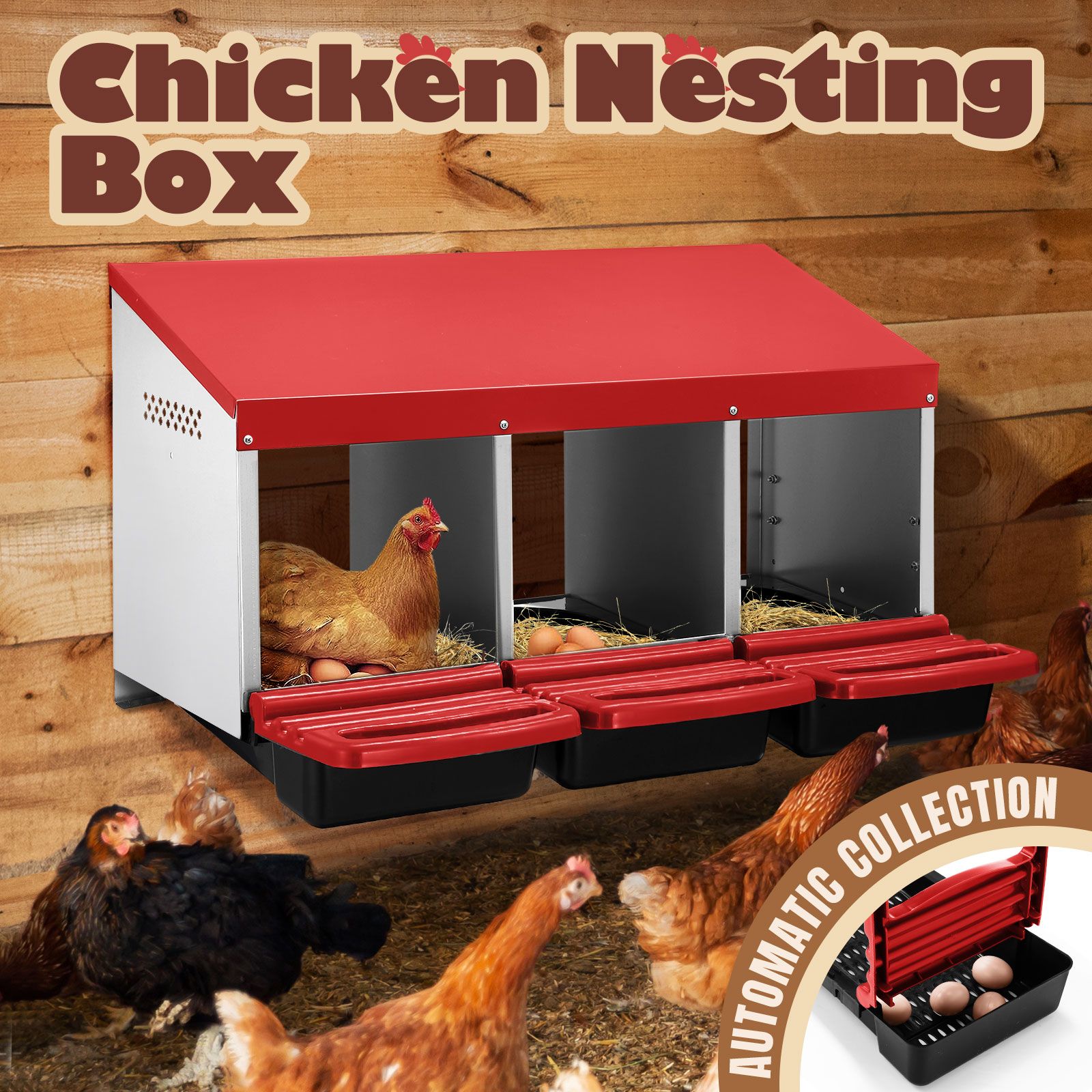 3 Hole Chicken Nesting Box Roll Away Hen Chook Laying Nest Boxes House ...