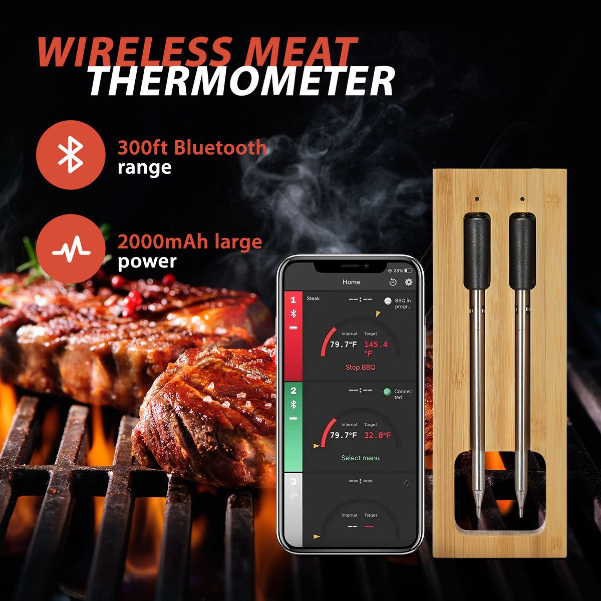 BBQ Meat Thermometer Food Cooking 91m Wireless Bluetooth Temp Probe Beef Grill Oven Smoker ...