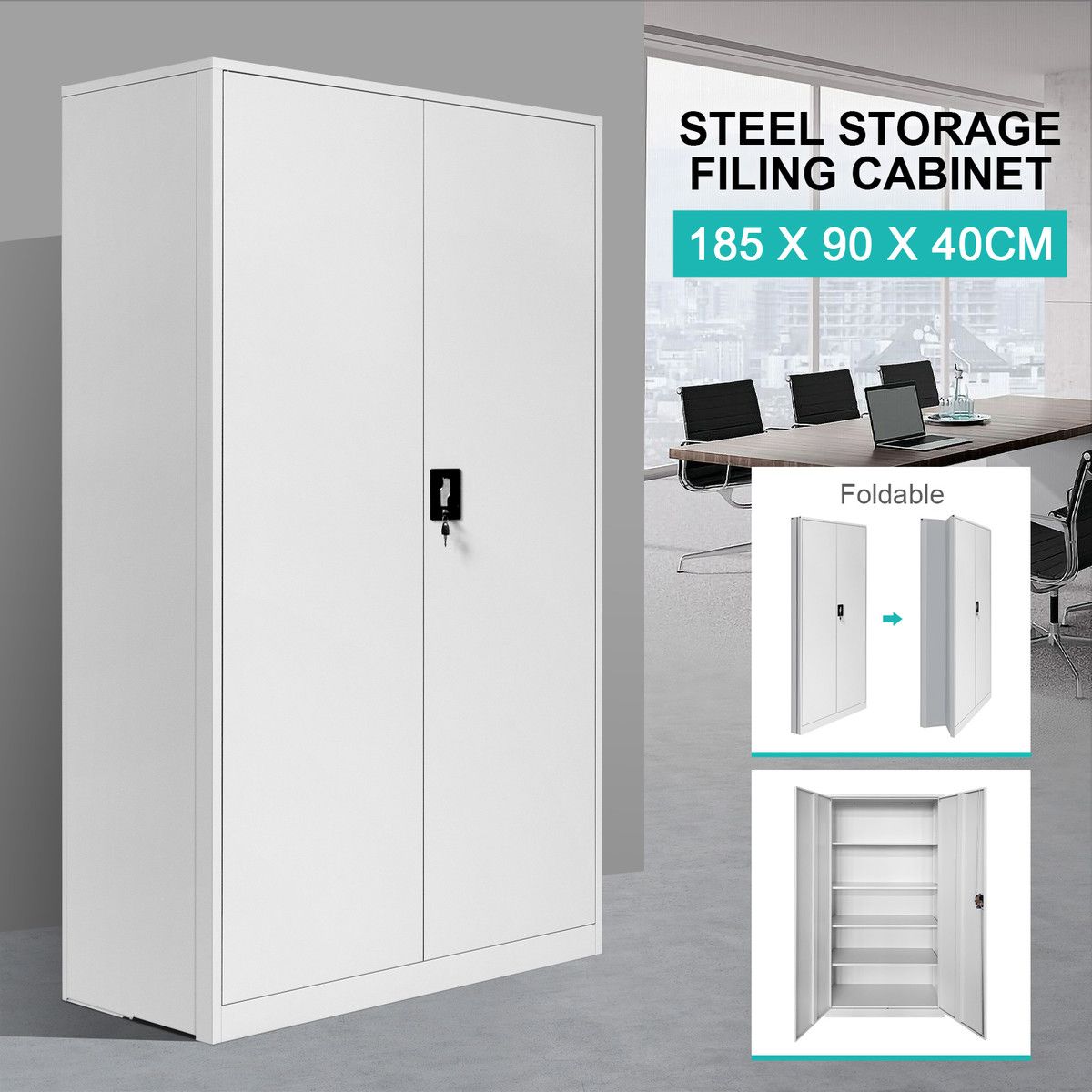 185cm Filing Cabinet Storage Metal Locker Foldable Cupboard 2 Door 4 ...