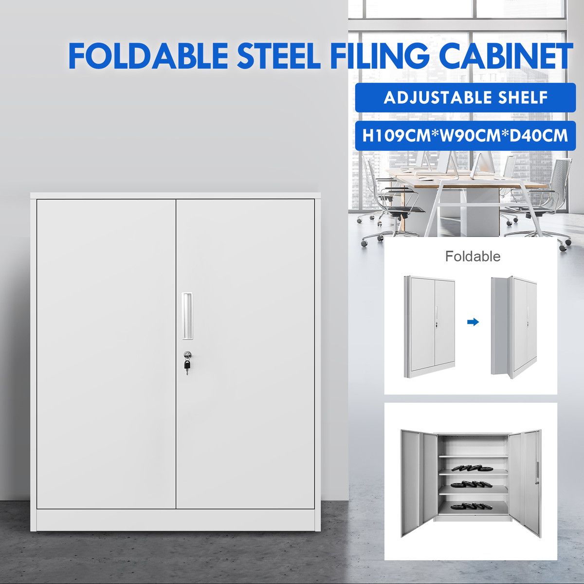 Steel Filing Cabinet Foldable Storage Metal Locker Cupboard 2 Door 4 ...