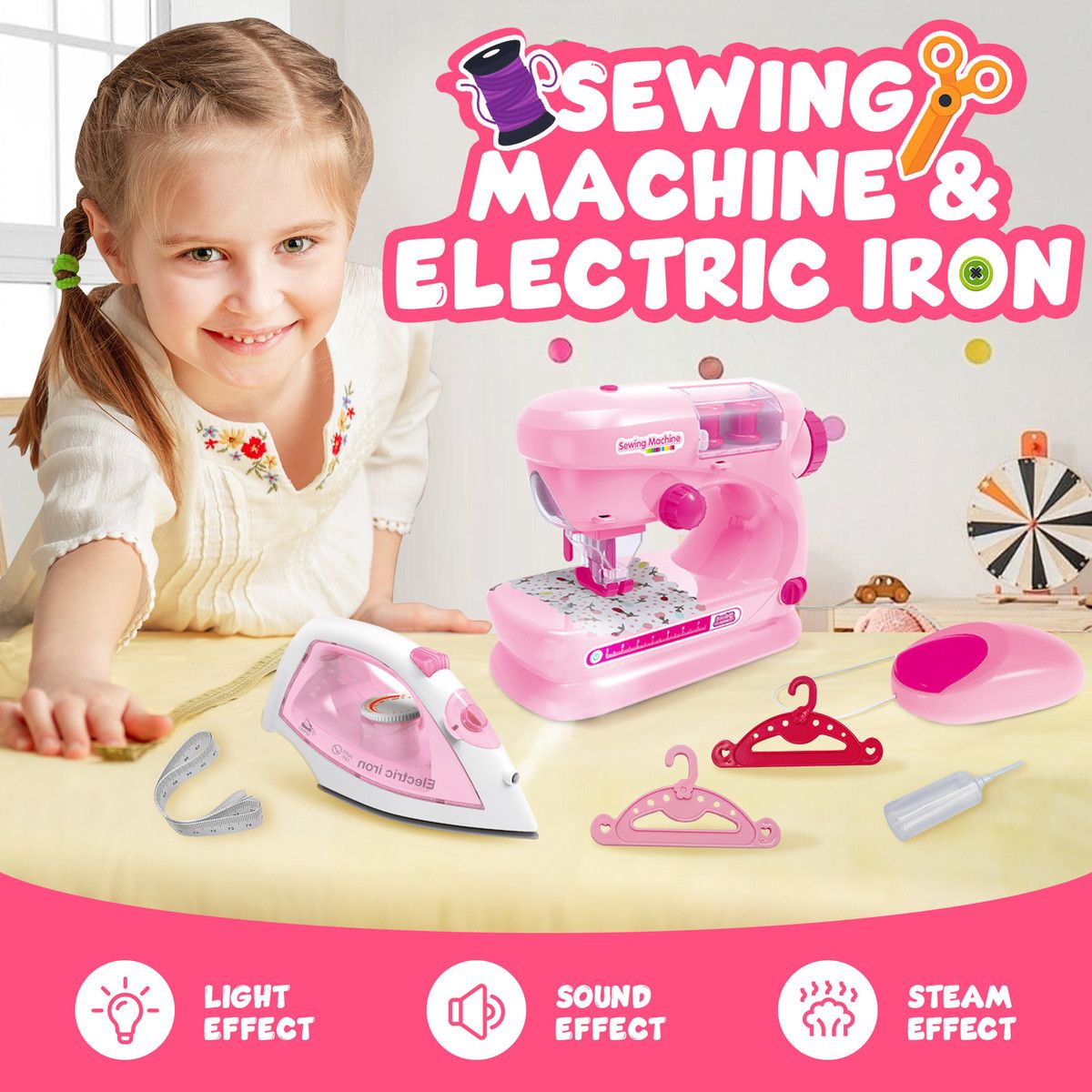 Kids Sewing Machine Electric Iron Toy Set Childrens Pretend Role Play ...