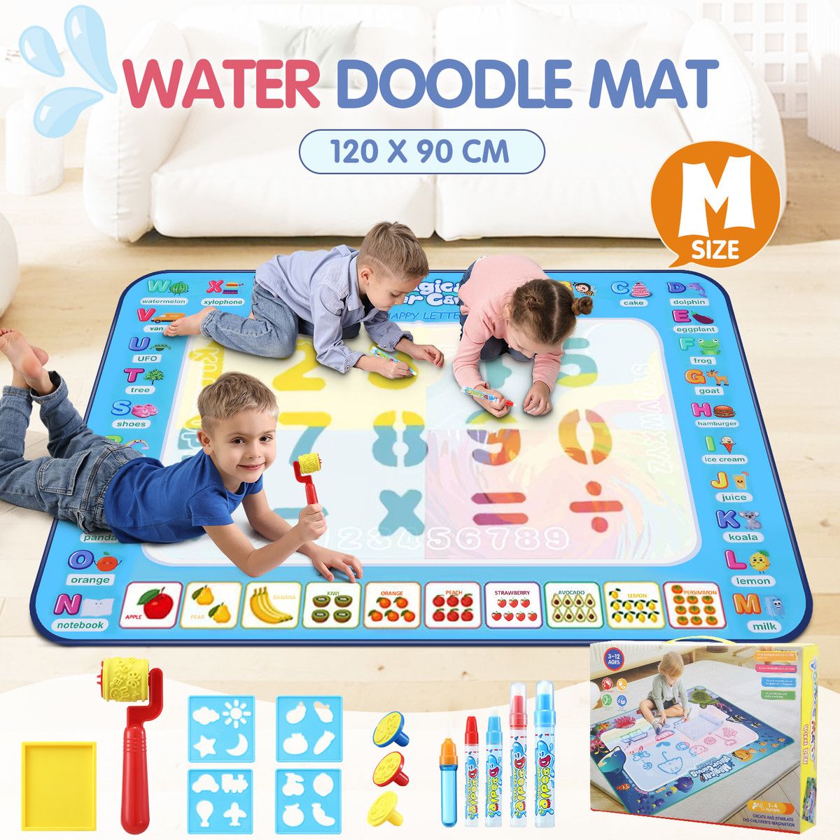 Magic Water Doodle Mat with Pens Stamps Cartoon Colouring Drawing Rug ...