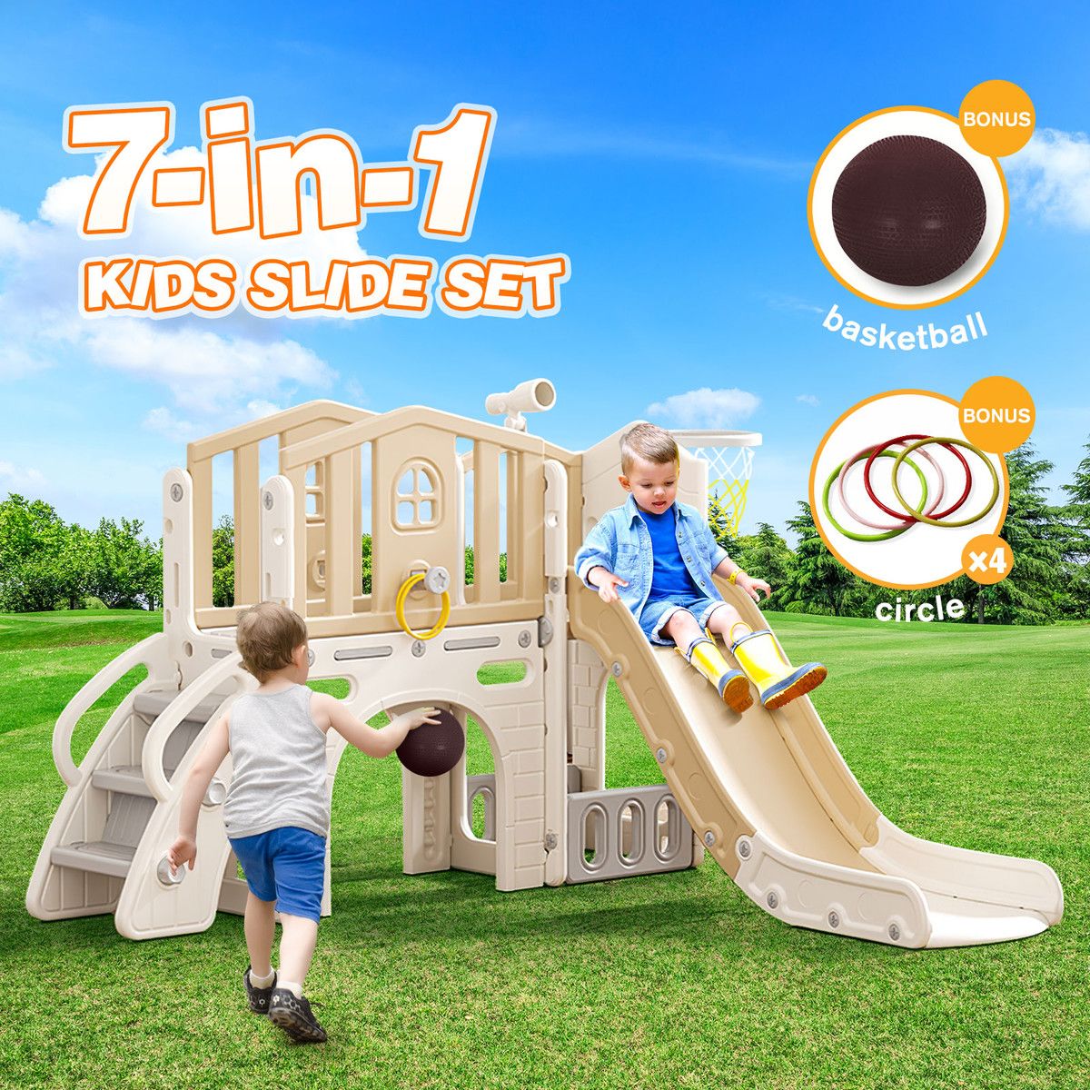 7 in 1 Kids Slide Set Ladder Steps Basketball Hoop Playground Activity ...