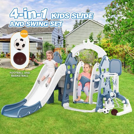 Kids Slide Swing Set 4 in 1 Ladder Climber Basketball Hoop Playground ...