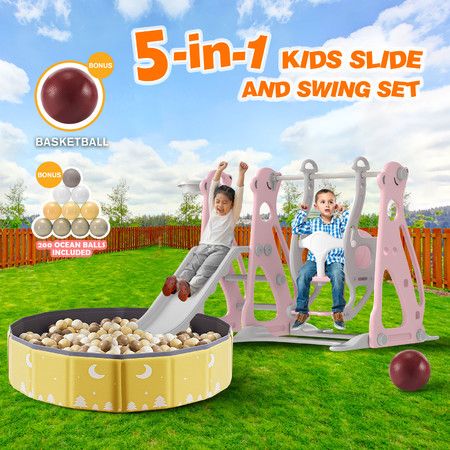 5 in 1 Slide Swing Set Kids Climber Steps Ladder Ball Pool Basketball ...