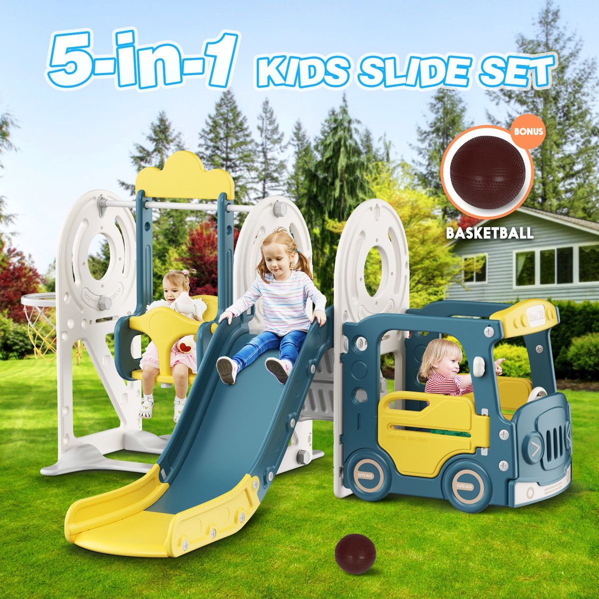 5 in 1 Slide Swing Set Kids Ladder Climber Steps Basketball Hoop Bus ...
