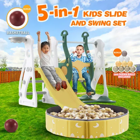 5 in 1 Slide Swing Set Kids Ladder Steps Climber Basketball Hoop Ball ...