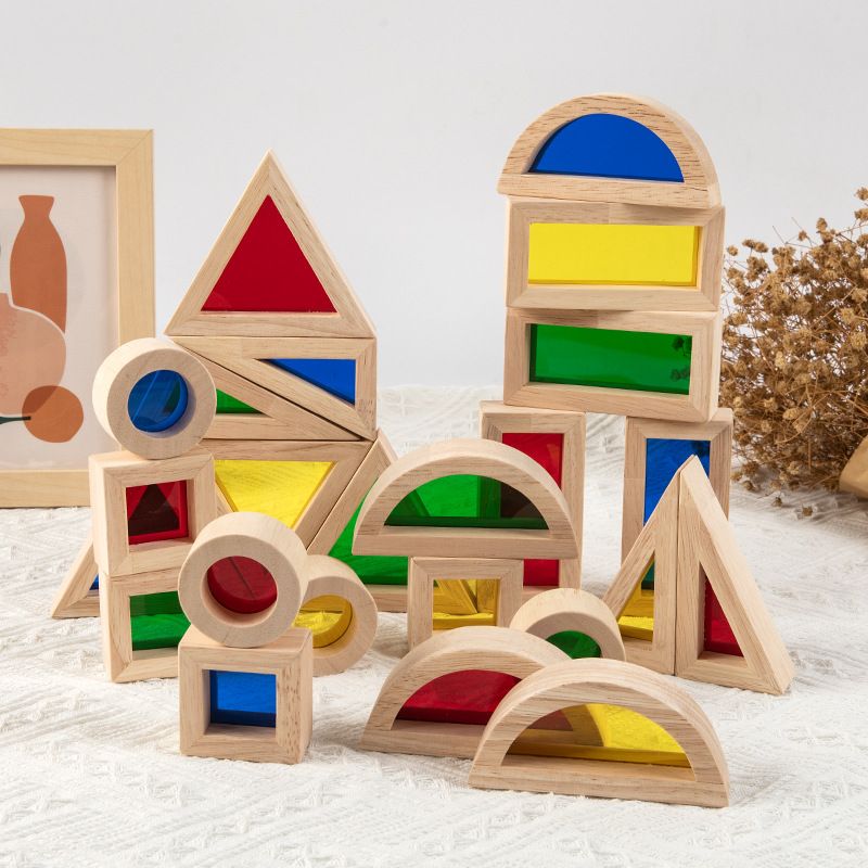 Kids 24-Piece Wooden Building Blocks Set - Geometry Sensory Rainbow ...