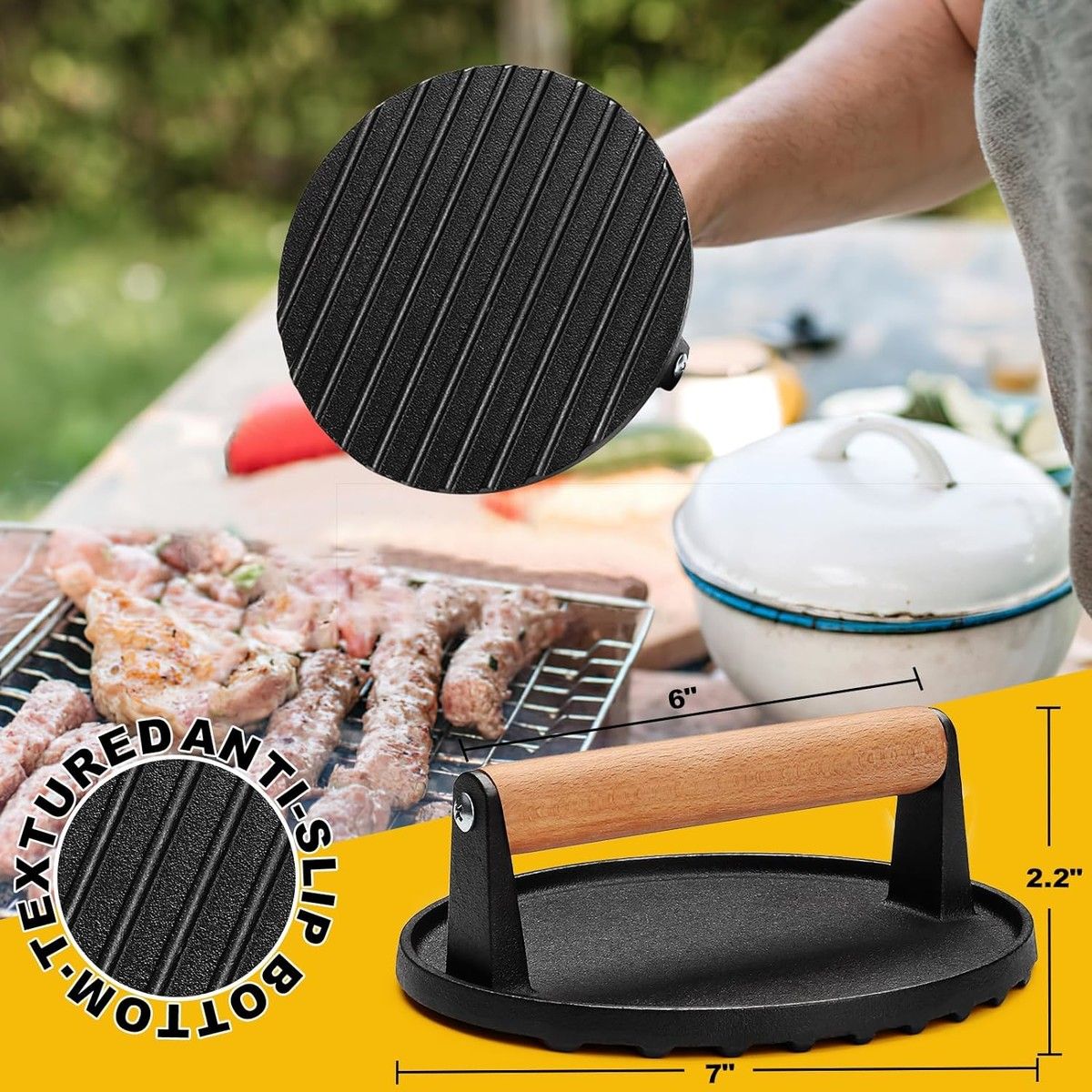 Heavy Duty Cast Iron Burger Press - 6.9Inch Round Bacon Grill Press for ...