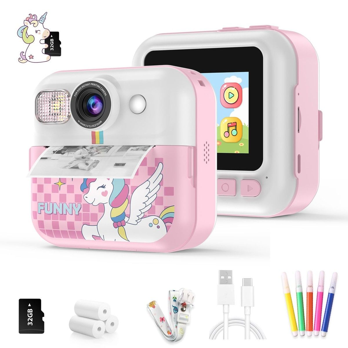 Kids Camera Instant Print,1080P HD Video with 32GB SD Card and Printing ...