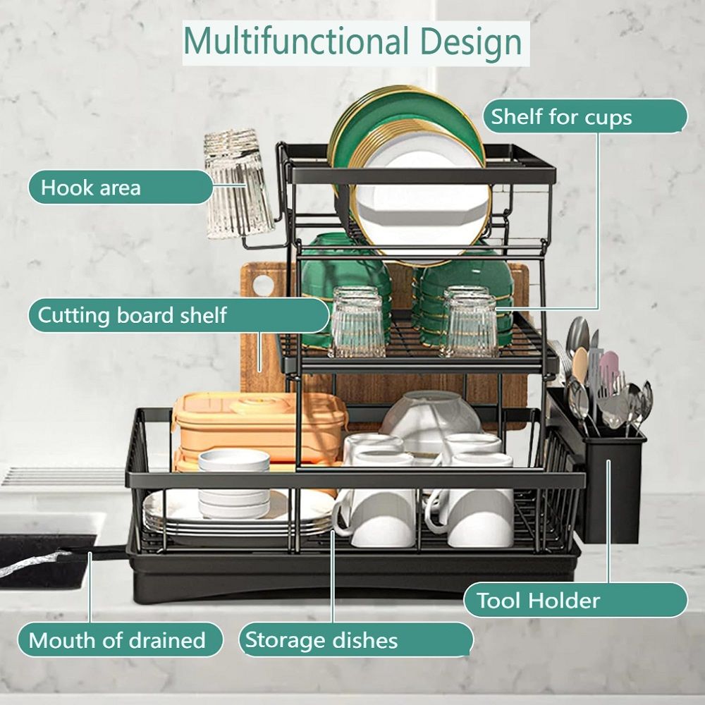 3-tier stainless steel dish drainer with drip tray, black draining tray ...