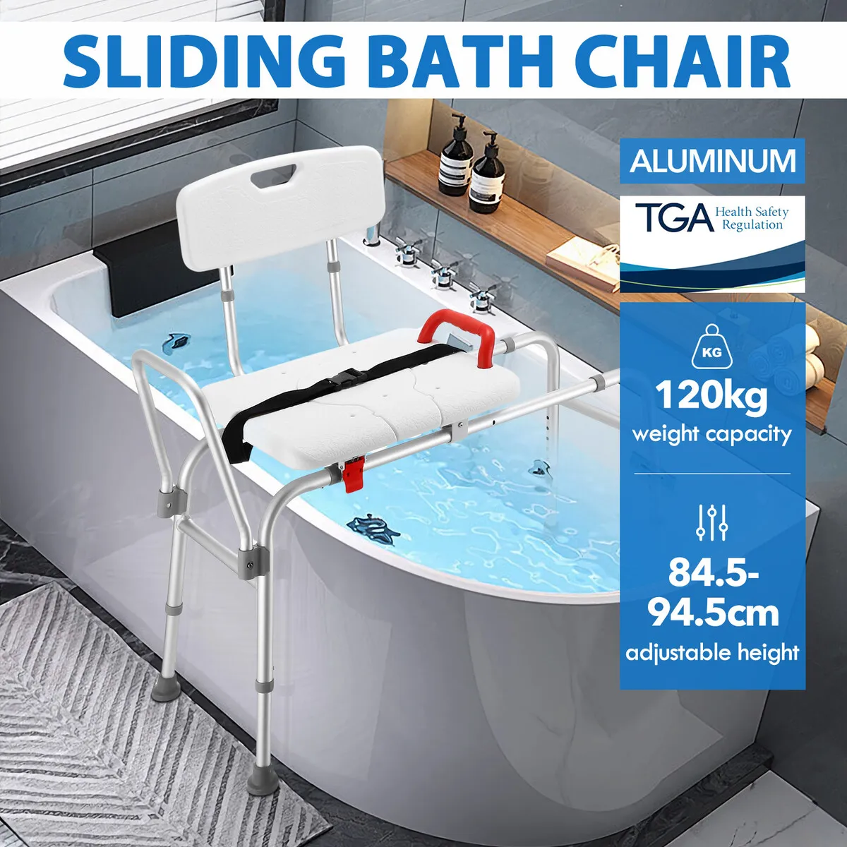 Sliding Shower Chair Seat Bath Tub Transfer Bench Stool Medical Assist Back Armrest Adjustable ...