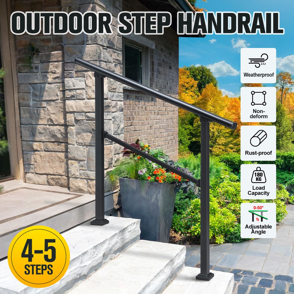 Stair Handrail Railings 4 to 5 Steps Metal Adjustable Black Safety ...