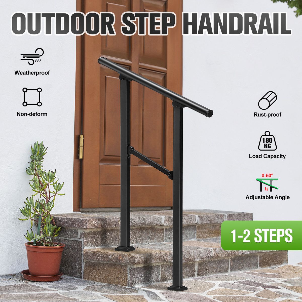 Stair Handrail Railings 1 to 2 Steps Black Metal Adjustable Safety ...