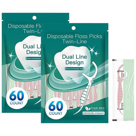 2 Packs Dental Floss Picks, 120 Count Individually Wrapped Flosser,Twin ...