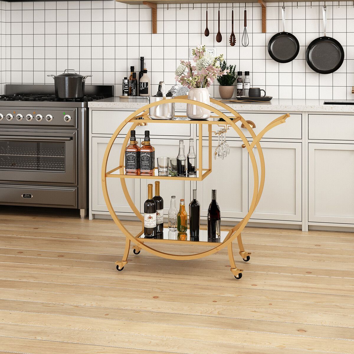 Bar Cart Wine Rack Drinks Trolley Gold Glass Holder Serving Alcohol Tea ...