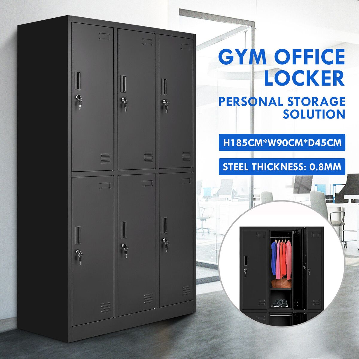Steel Storage Cabinet 6 Doors Locker Tall Black Cupboard Furniture ...