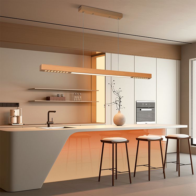 Pendant Light - 120cm Beech Wood LED Hanging Light, Kitchen Linear ...