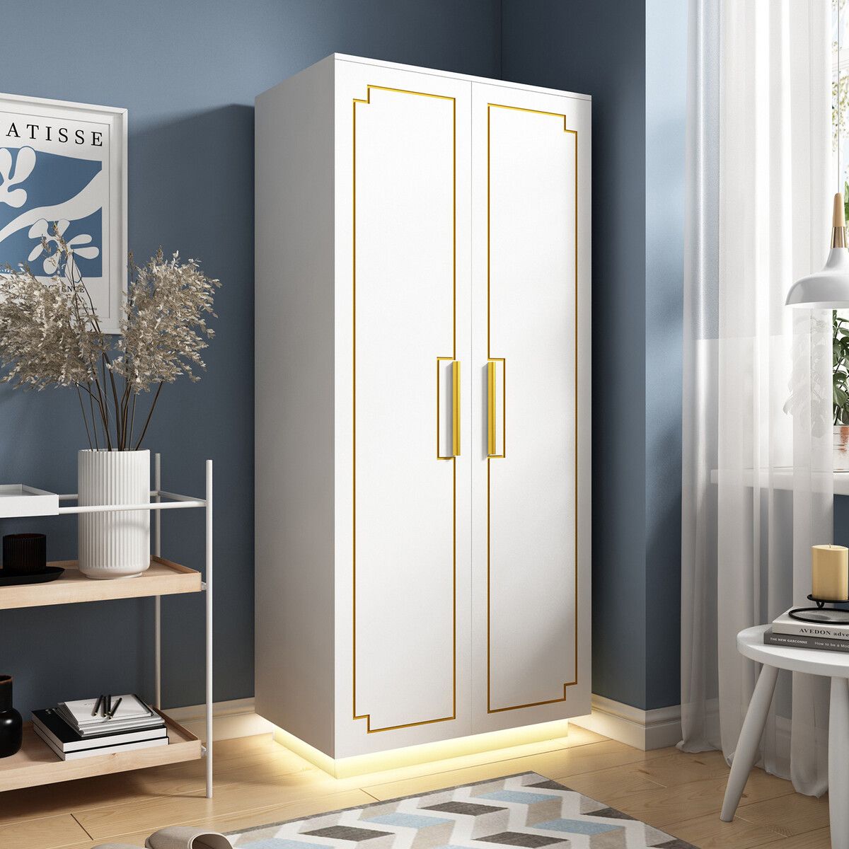 White Wardrobe LED Clothes Storage Cabinet Closet 2 Doors Armoire ...