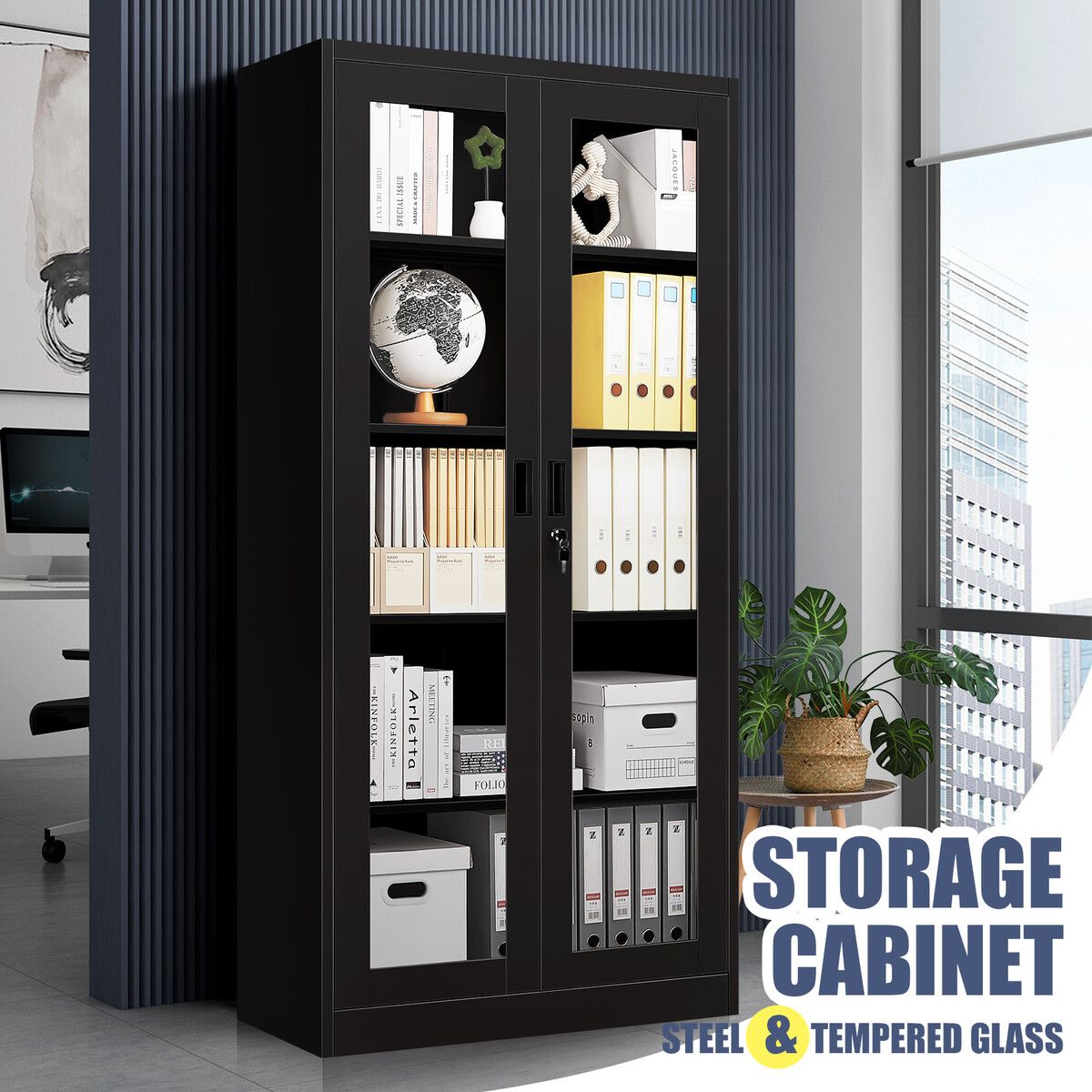 Steel Office Cabinet Filing Storage Shelf Lockable Tempered Glass 2 ...