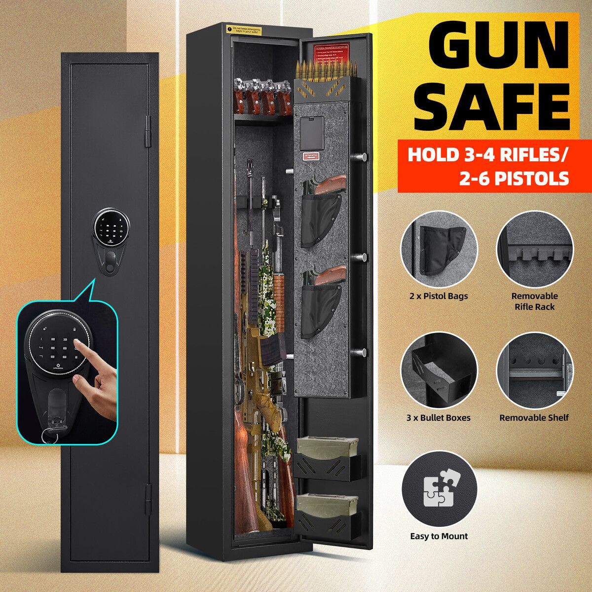 Gun Safe Lock Box Firearm Storage 4 Rifles Key Lockbox Steel Cabinet 6 ...
