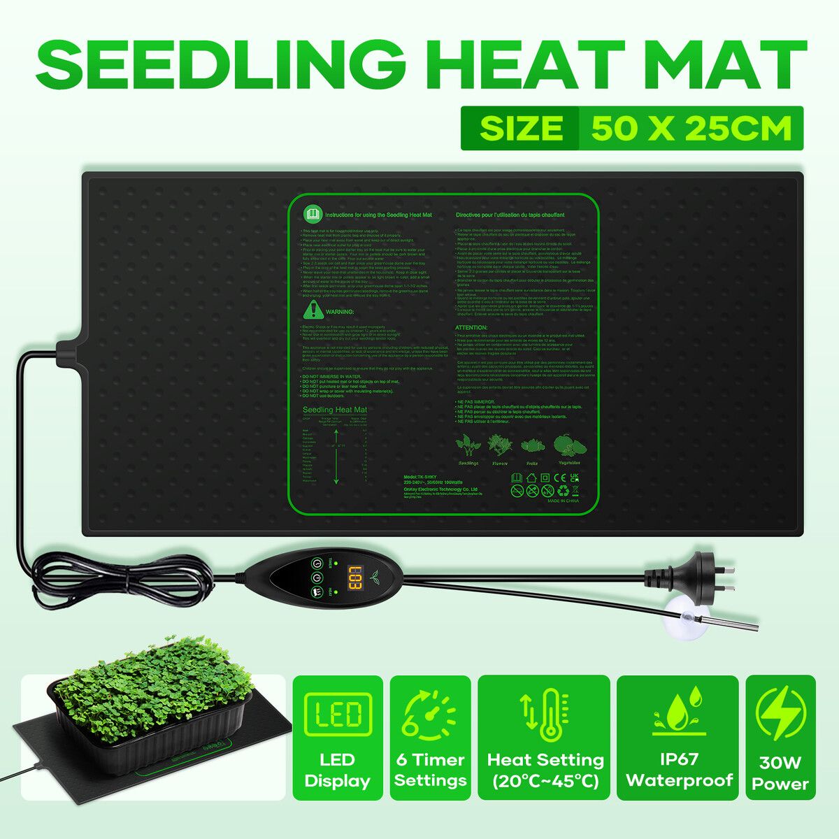 Seedling Heating Mat Map 30W Thermostat Plant Seed Heat Warming Pad ...