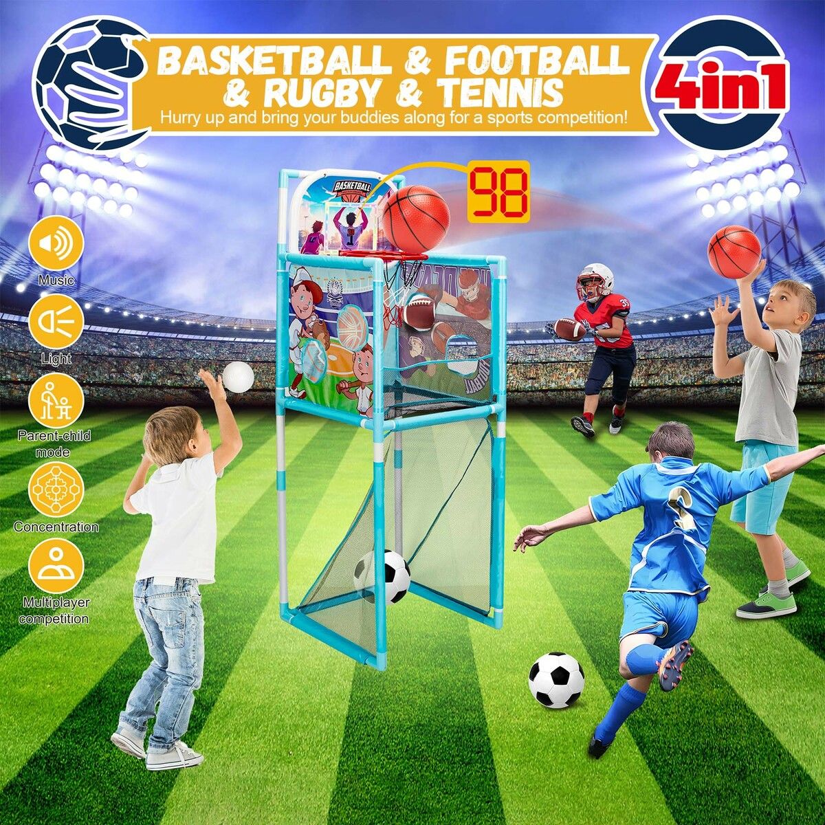 Kids Basketball Hoop Stand Soccer Goal Net Arcade Rugby Baseball Game ...