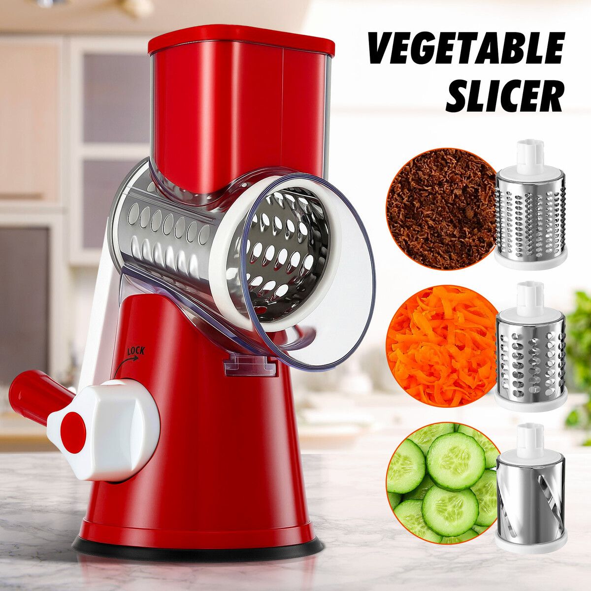 3in1 Vegetable Slicer Rotary Food Potato Mandoline Cheese Grater Drum ...
