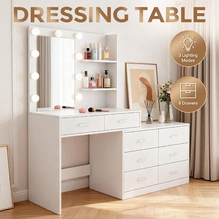 Vanity Dressing Table Mirror Hollywood Dresser White Makeup Desk with ...
