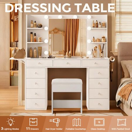 Luxury Makeup Vanity Table Hollywood Mirror Bedroom Dressing Desk Stool ...